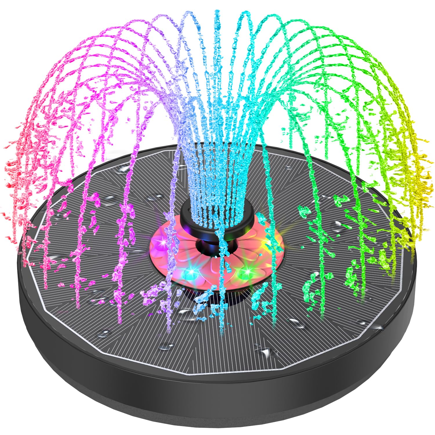 Yzert Solar Fountain Bird Bath Fountains with Colorful Light&Pink Flower,Solar Powered Water Fountain with 7 Nozzle & 4 Fixer,Solar Fountain Pump for Bird Bath, Pool, Garden, Pond(Black Panel)