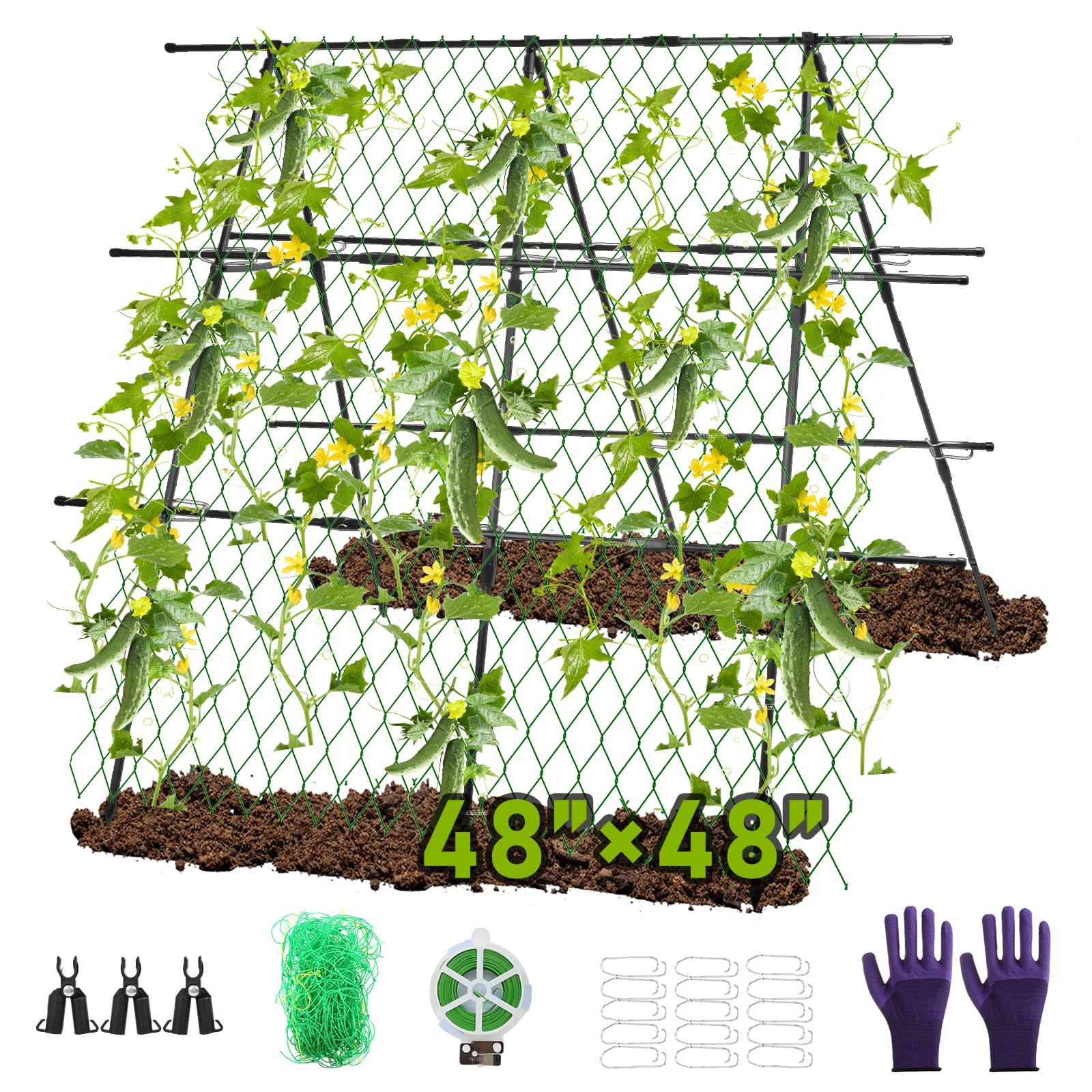 Cucumber Trellis for Climbing Plants Outdoor, 48 X 48In Foldable A-Frame Trellis Tall Cucumber Trellis for Raised Bed Garden Trellis for Vegetables with Climbing Net for Bean Squash,Grape Zucchini