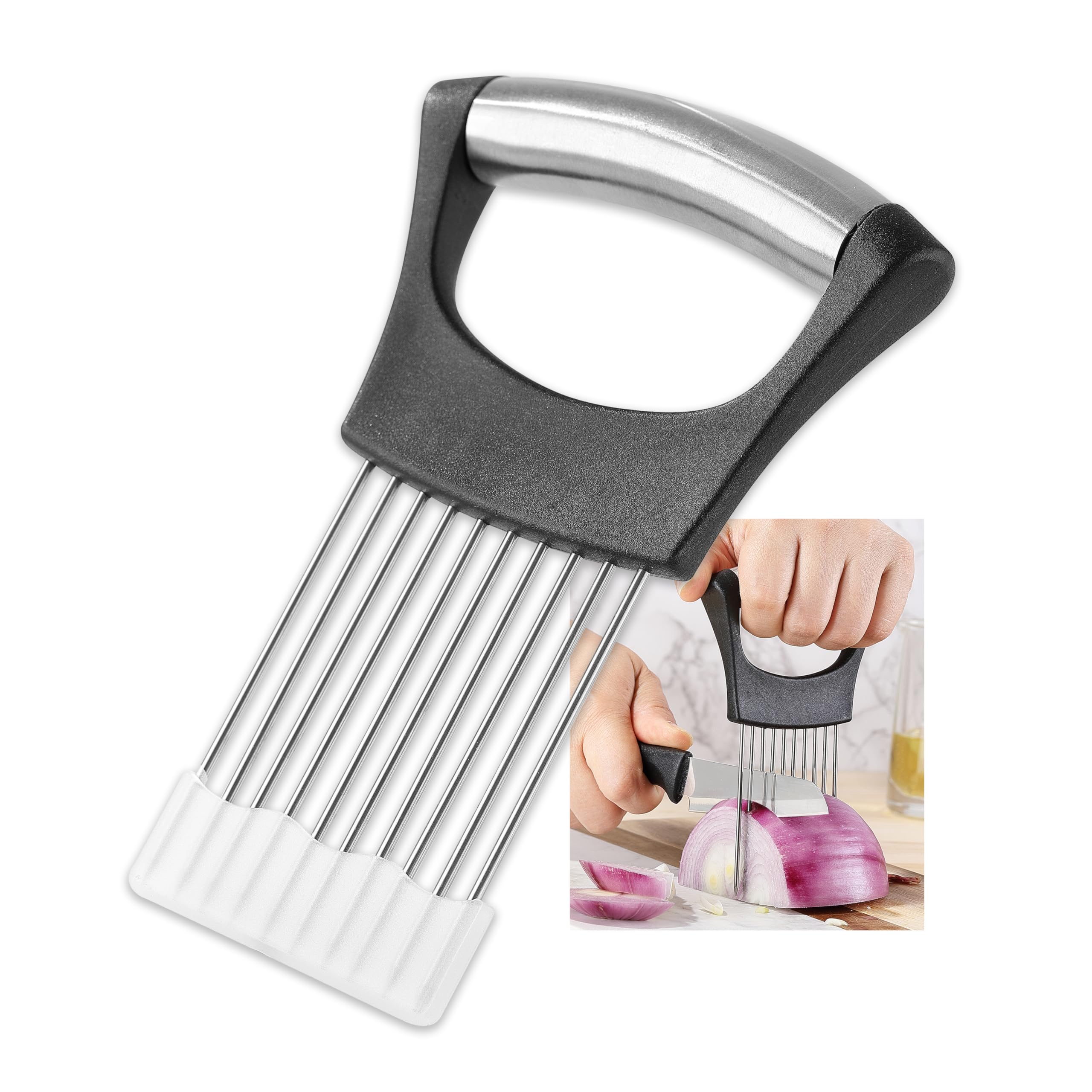 Onion Slicer, Mumulo Stainless Steel Onion Cutter for Slicing and Storage Onions, Tomato, Eggs and Vegetables, Protective Cover Included, Dishwasher Safe (Black)