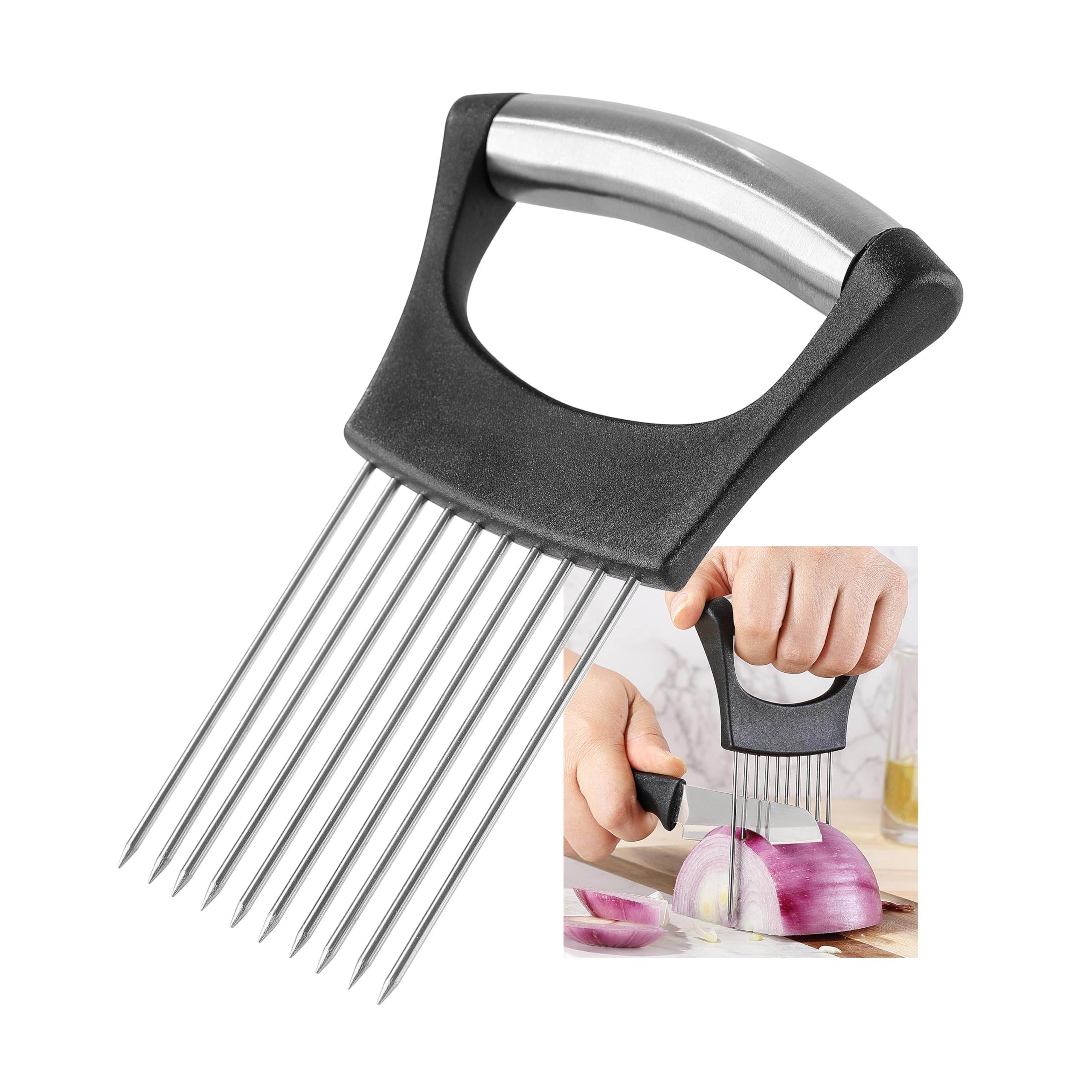 Onion Slicer, Mumulo Stainless Steel Onion Cutter for Slicing and Storage Onions, Tomato, Eggs and Vegetables, Protective Cover Included, Dishwasher Safe (Black)