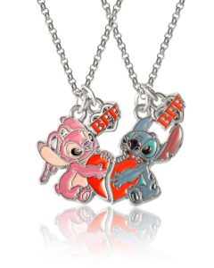 disney lilo & stitch bff necklace set of 2 16"+3" official license, best friends necklaces with angel & stitch pendant