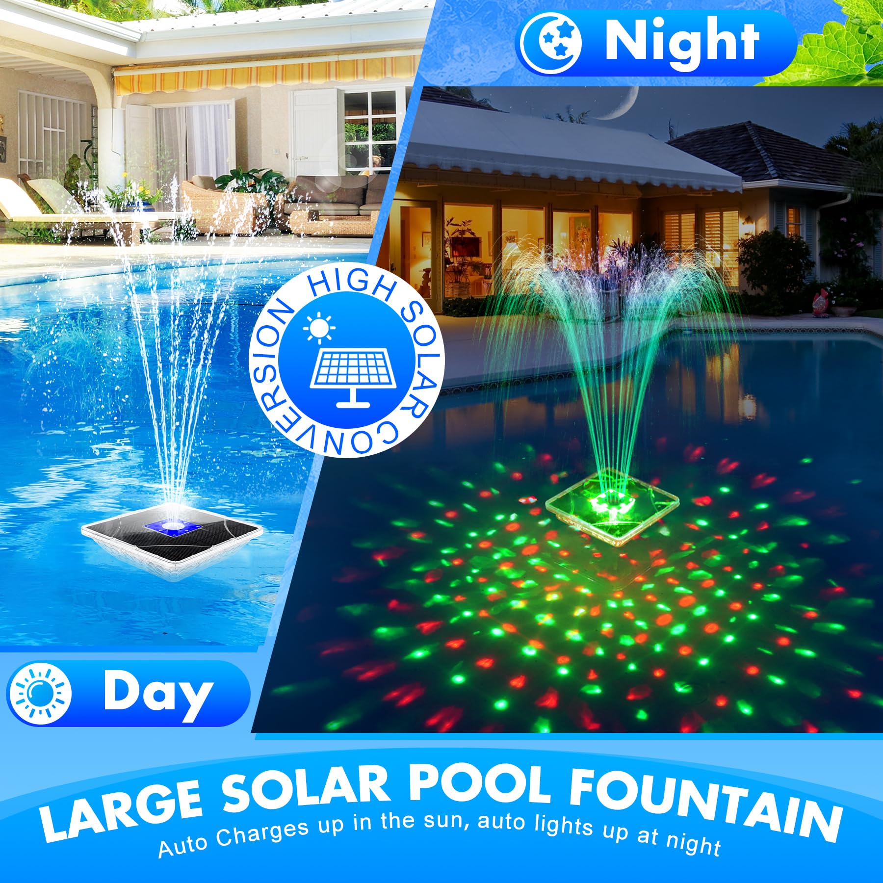 ChlorStar Solar Fountain With Light Show,2024 Large Solar Pool Fountain With Anchor,Square Floating Pool Fountains for Inground Above Ground Pool,Solar Powered Water Fountain Pump for Pool,Outdoor-1PC