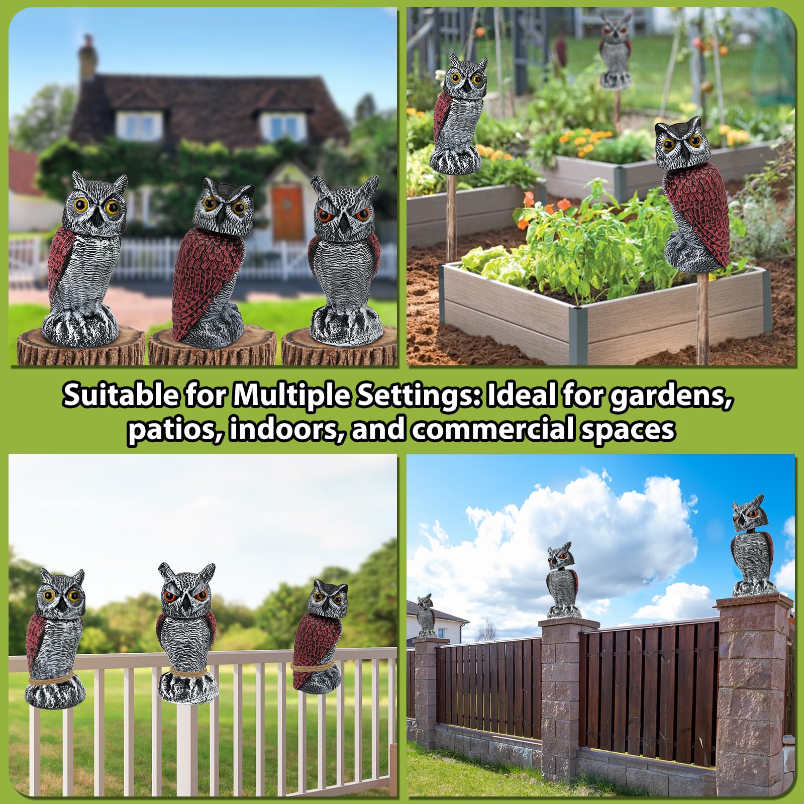 3PCS Bird Owl to Frighten Birds,Fake Owl Statue Decoy,Plastic Owl Scarecrow with Rotating Head for Garden Yard Outdoor