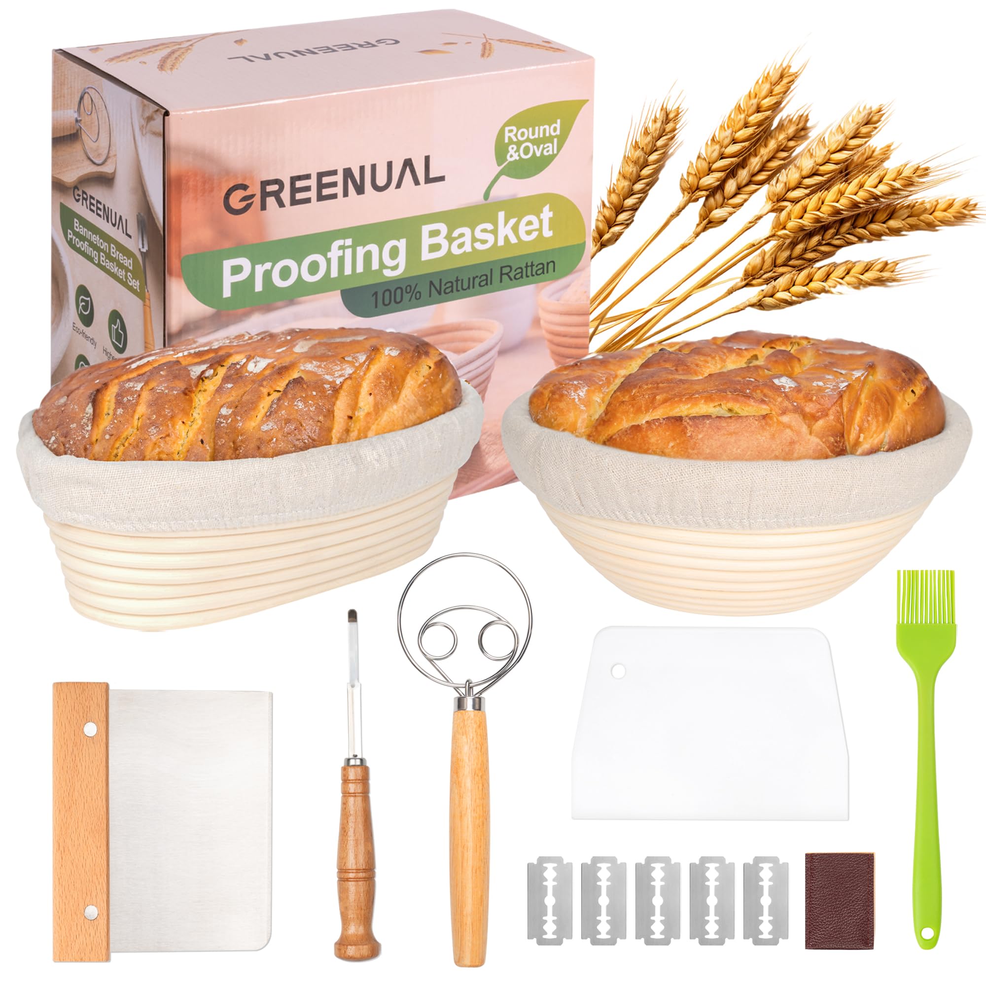 Greenual Banneton Bread Proofing Basket Set of 2 with Sourdough Bread Baking Supplies, 9" Round & 10" Oval, Bread Lame + Linen Liner + Dough Scraper + Basting Brush for Home Ideal Bread Making Tool