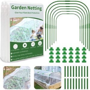 garden netting kit for raised beds, 8x20ft garden netting mesh with 6 sets garden hoops (2ft wide) ＆ 24 clips, garden mesh netting kit row cover for plant, garden protection, birds animals barrier