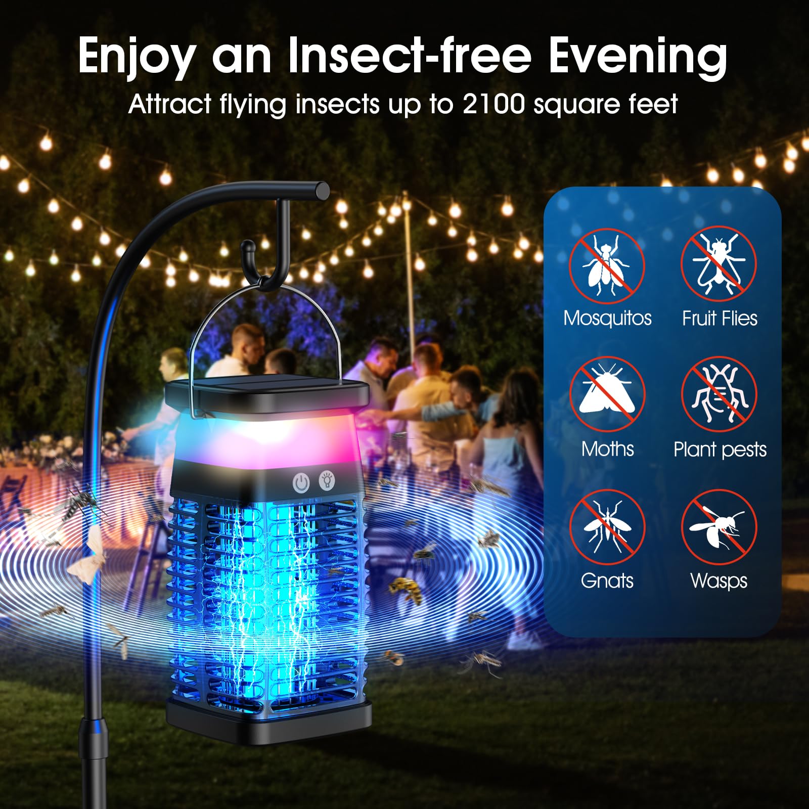 Bug Zapper Outdoor Indoor Mosquito Zapper Solar Fly Zapper Rechargeable Electric Mosquito Killer IP68 Waterproof Insect Fly Trap Plug in with RGB Light & Reading Lamp for Patio Camping Home Backyard