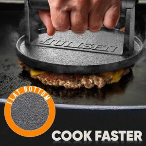 HULISEN Pre-Seasoned Cast Iron Burger Press, Heavy Duty 6” Burger Smasher for Griddle with Heat Resistant Handle, Grill Press for Hamburger, Bacon, Meat, Steak, Patty, Barbecue Grilling Tool, 2.3lb