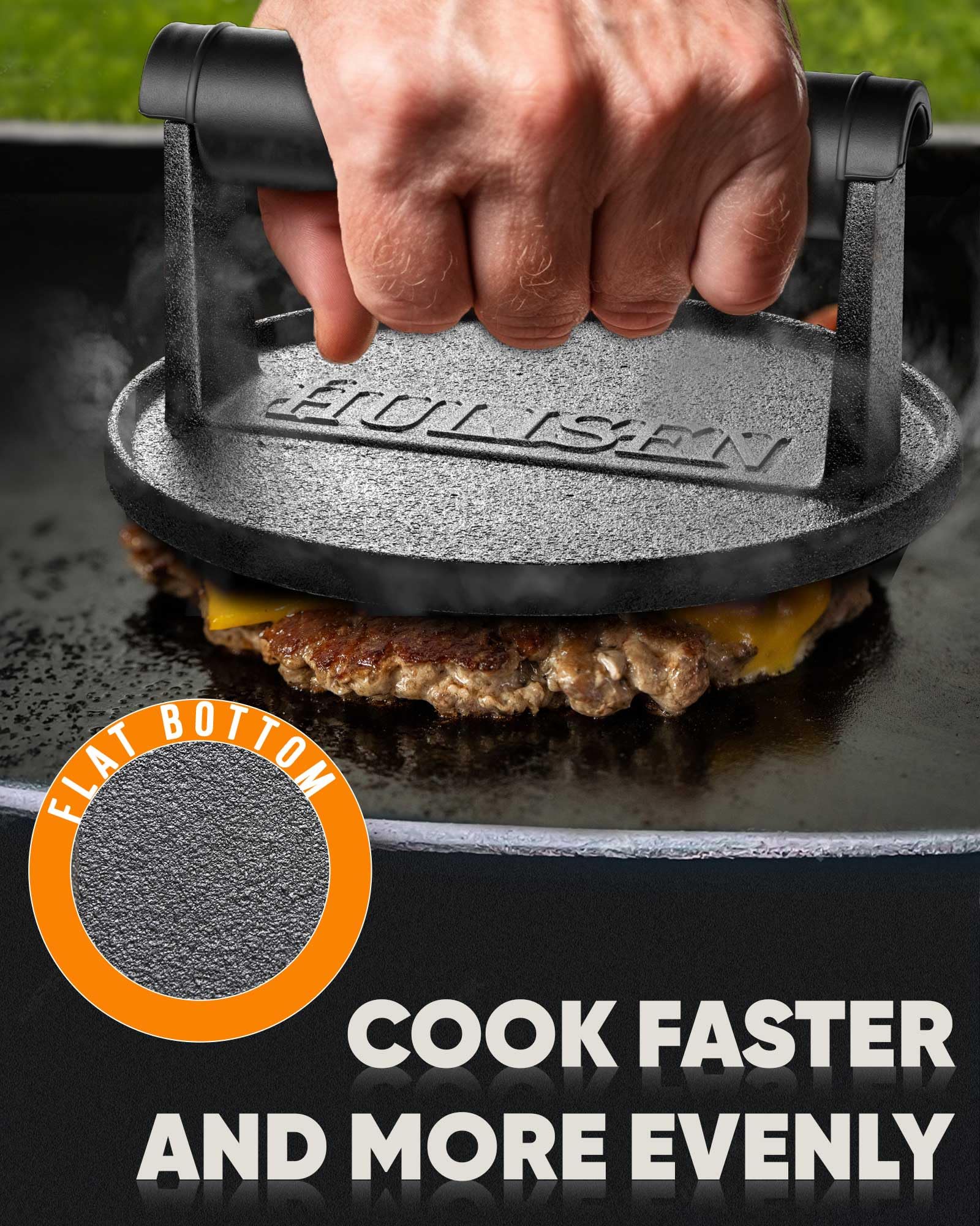 HULISEN Pre-Seasoned Cast Iron Burger Press, Heavy Duty 6” Burger Smasher for Griddle with Heat Resistant Handle, Grill Press for Hamburger, Bacon, Meat, Steak, Patty, Barbecue Grilling Tool, 2.3lb