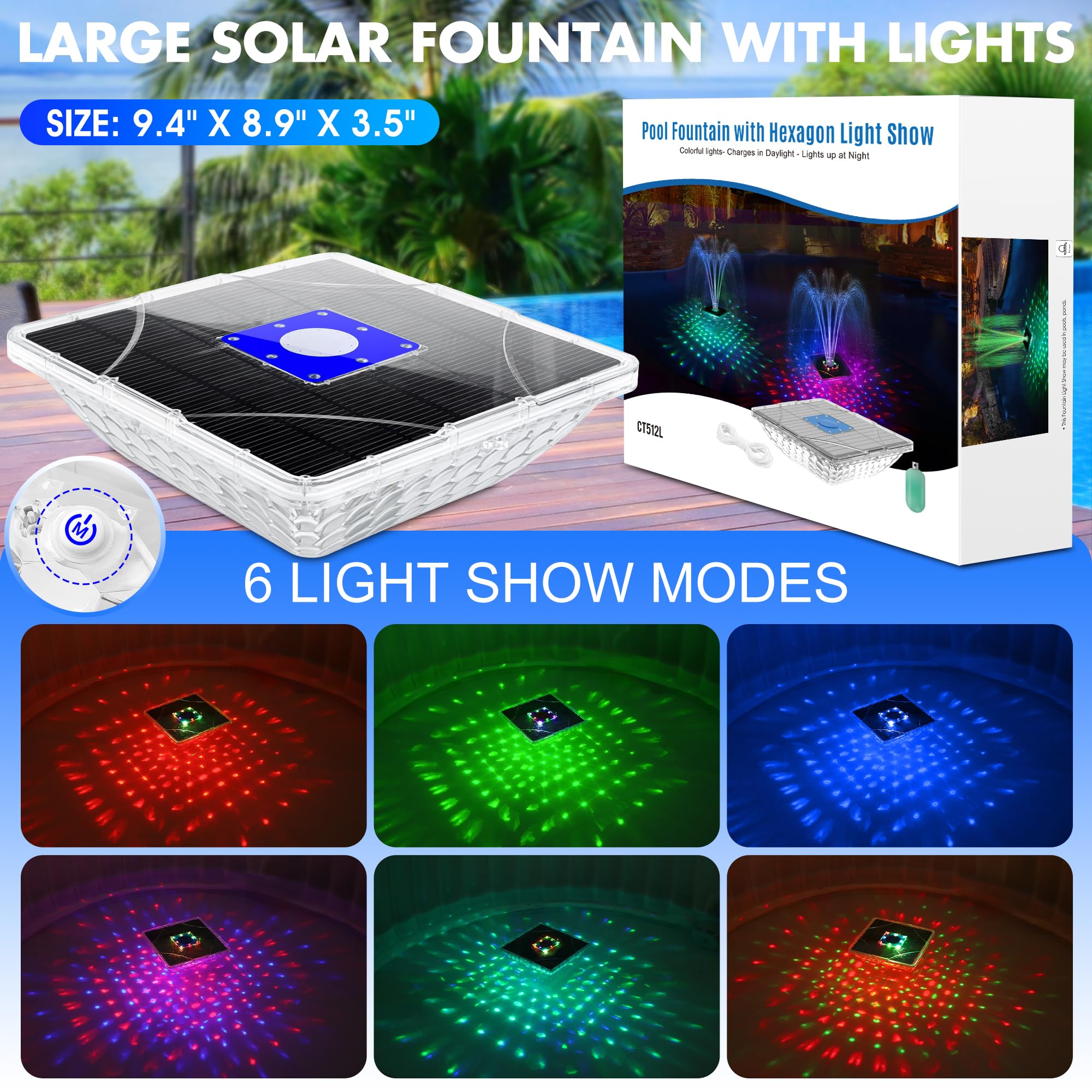 ChlorStar Solar Fountain With Light Show,2024 Large Solar Pool Fountain With Anchor,Square Floating Pool Fountains for Inground Above Ground Pool,Solar Powered Water Fountain Pump for Pool,Outdoor-1PC