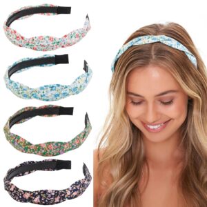 wovowovo 4 pieces headbands for women girls floral braided headband non slip hairbands for women's hair fashion fabric head band solid colors hair accessories