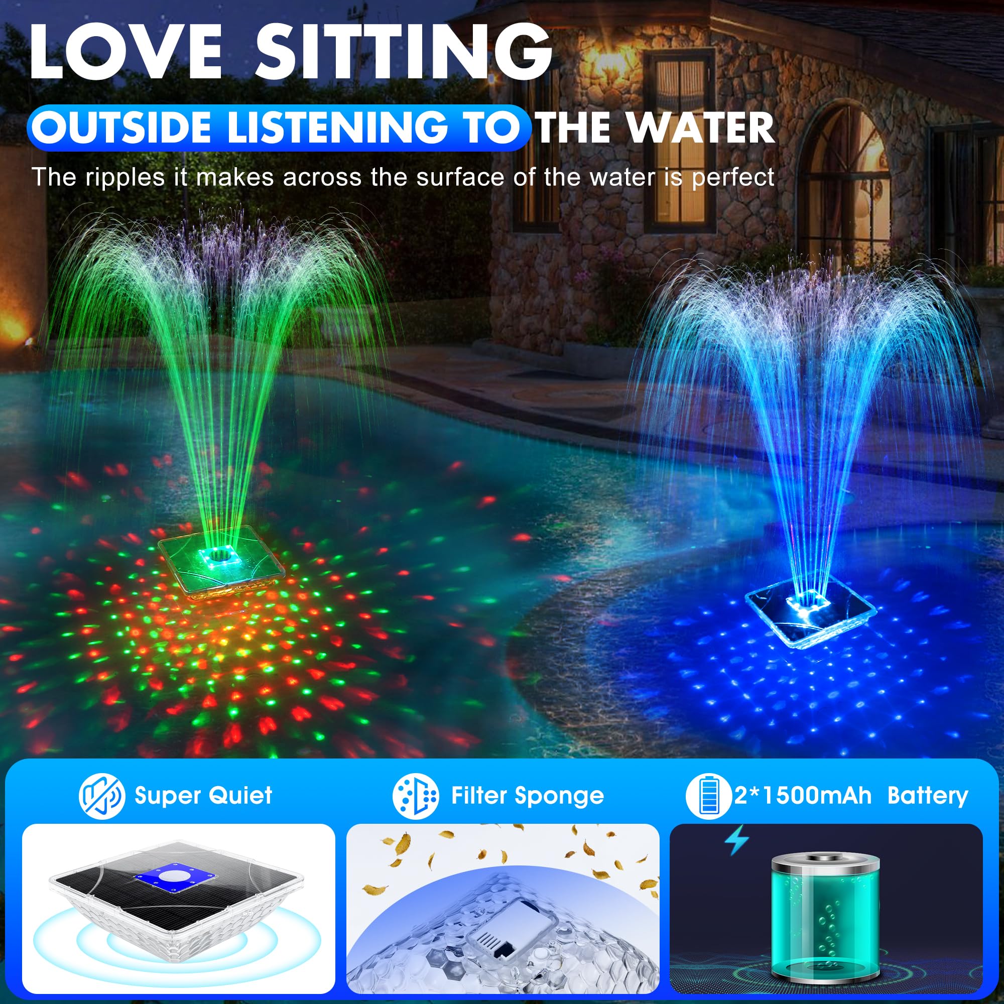 ChlorStar Solar Fountain With Light Show,2024 Large Solar Pool Fountain With Anchor,Square Floating Pool Fountains for Inground Above Ground Pool,Solar Powered Water Fountain Pump for Pool,Outdoor-1PC