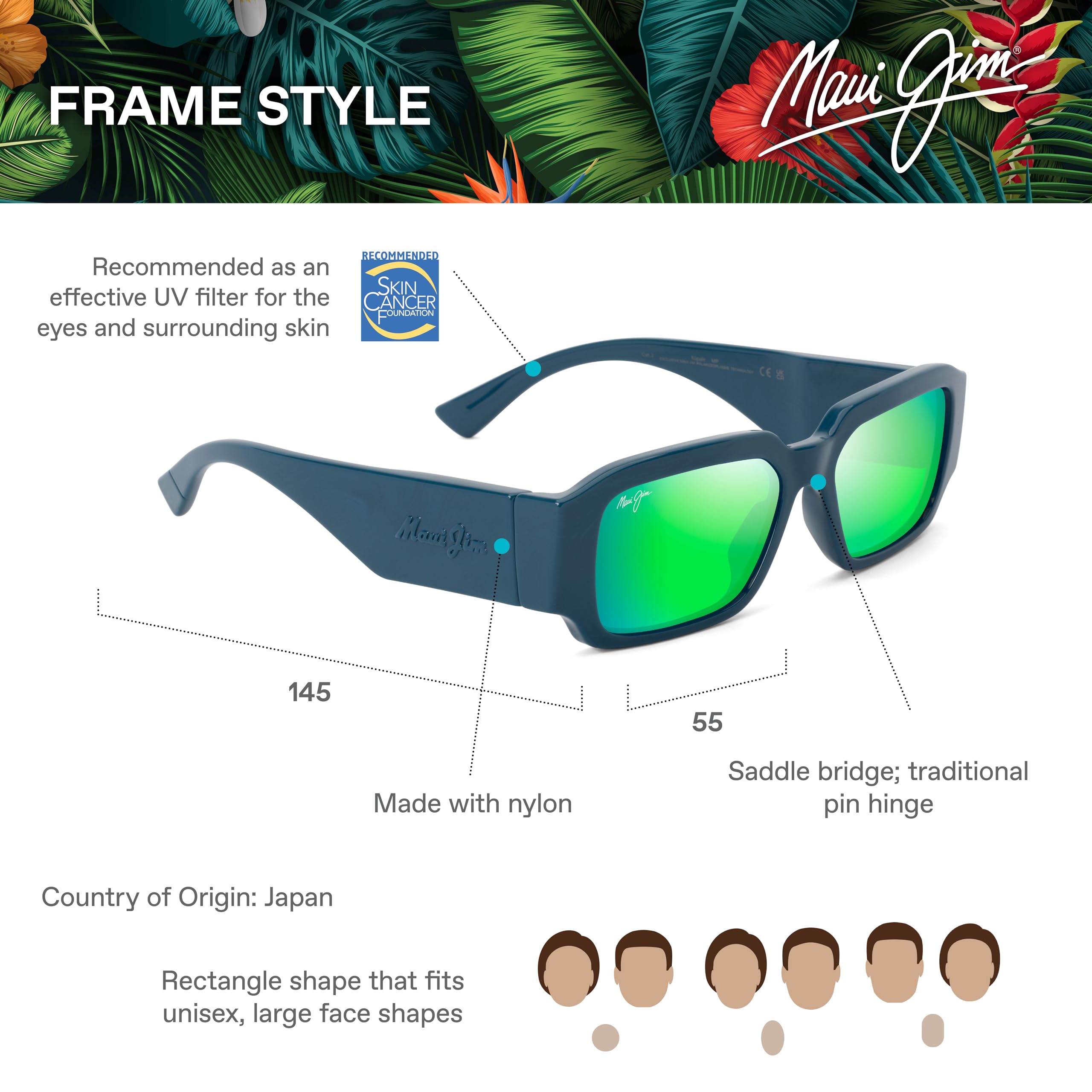 Maui Jim Kupale Rectangle Sunglasses, Shiny Petrol Blue/Mauigreen Polarized, Large