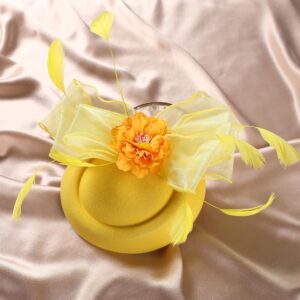 Zinniday Yellow Feathers Veil Fascinators - 50s Cute Flower Headwear Tea Party Hats Artificial Floral Hat Decor with Hair Clip for Women Girls