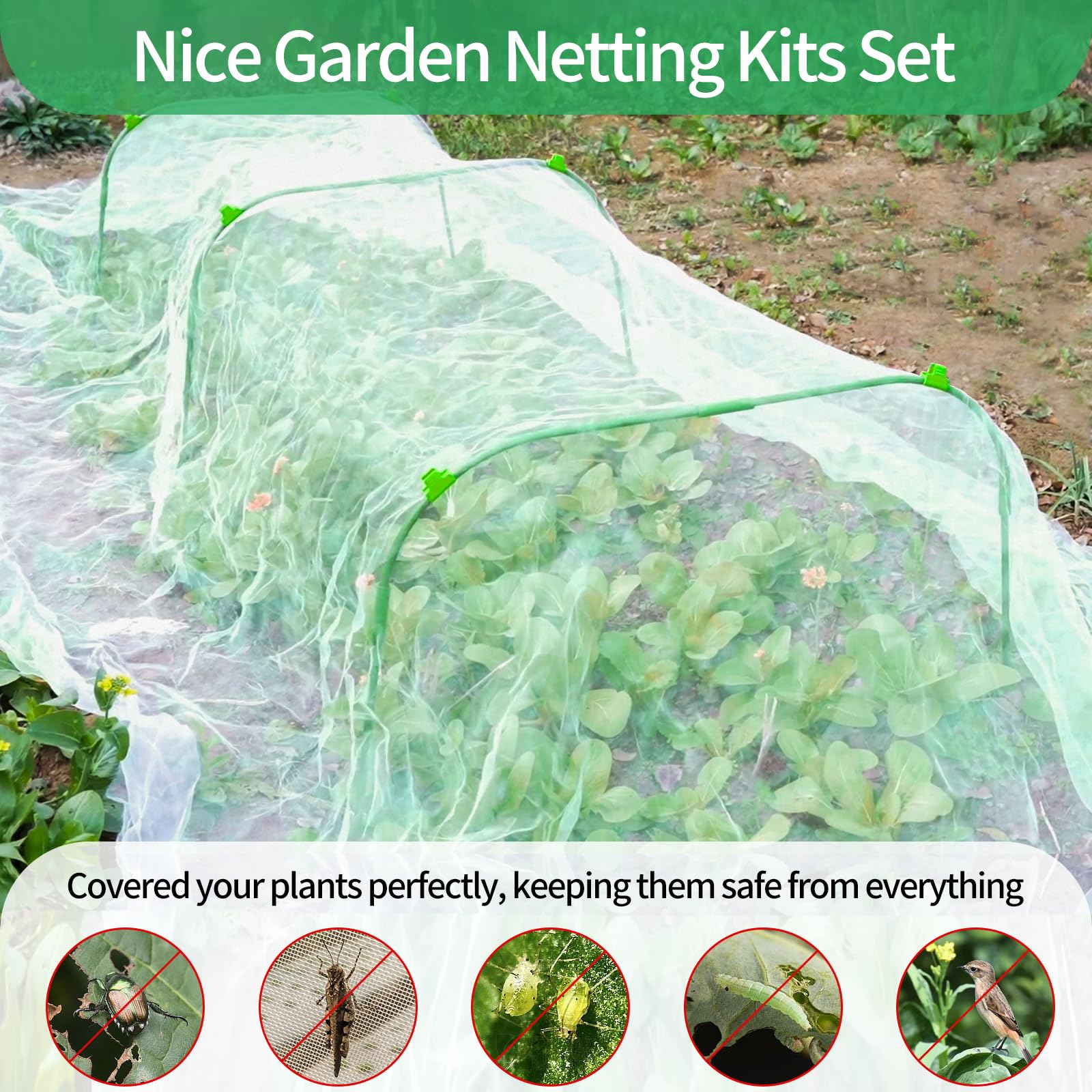 Garden Netting Kit for Raised Beds, 8x20ft Garden Netting Mesh with 6 Sets Garden Hoops (2FT Wide) ＆ 24 Clips, Garden Mesh Netting Kit Row Cover for Plant, Garden Protection, Birds Animals Barrier