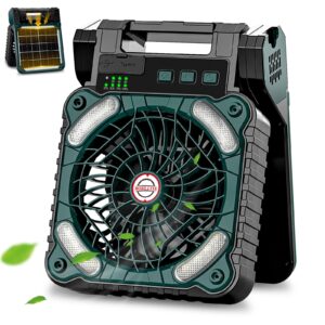 sendowtek portable battery fan with solar panel, 10400mah rechargeable fan with timer led light small usb battery powered camping fans for travel picnic outdoor indoor cooling sleeping (green)