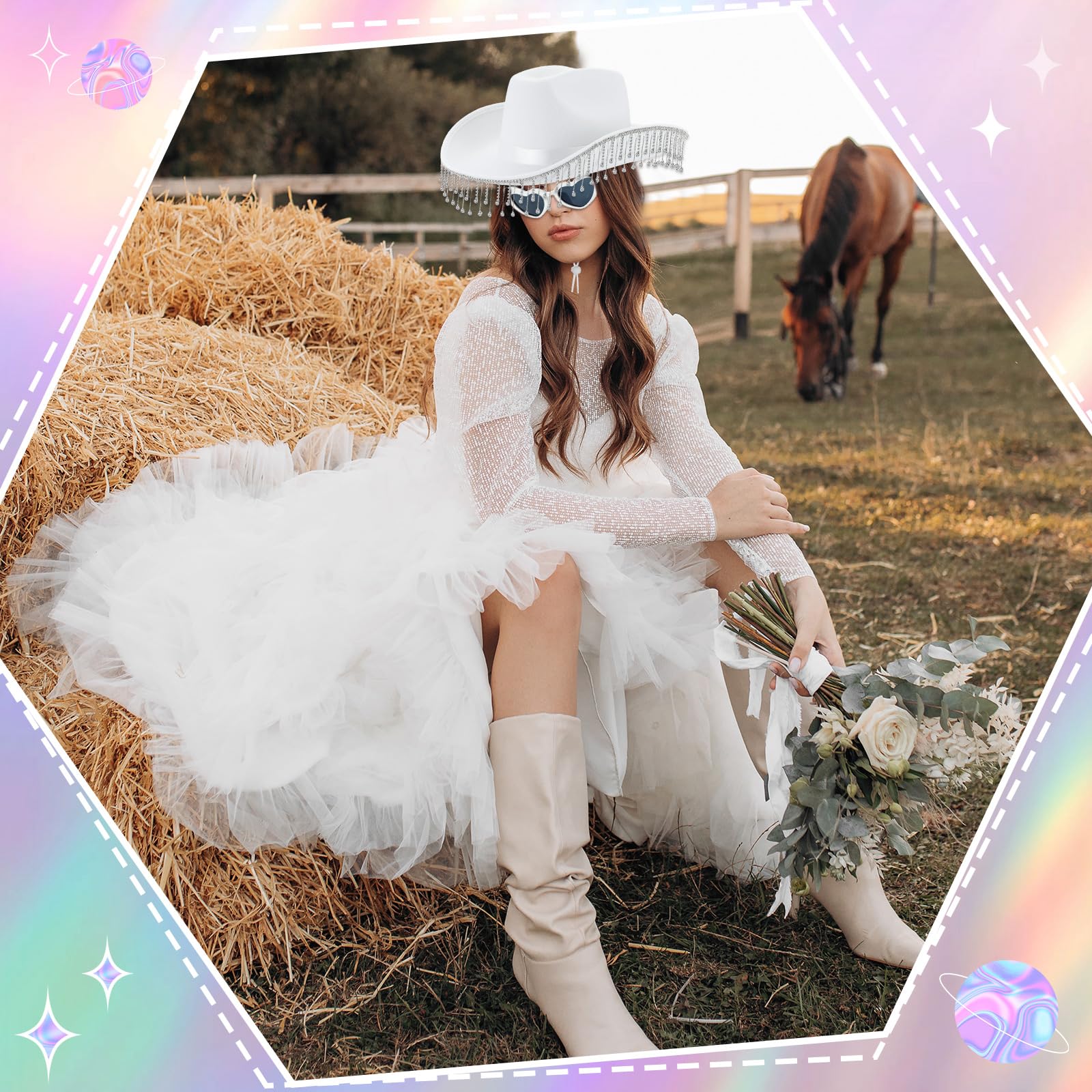 Panitay 14 Pcs Bridal Cowgirl Party Set Bachelorette Feather Cowgirl Cowboy Hat Heart Shaped Sunglasses Fringes Hat Bride Cowboy Hat for Women Wedding Bachelorette Birthday Costume Party Last Disco