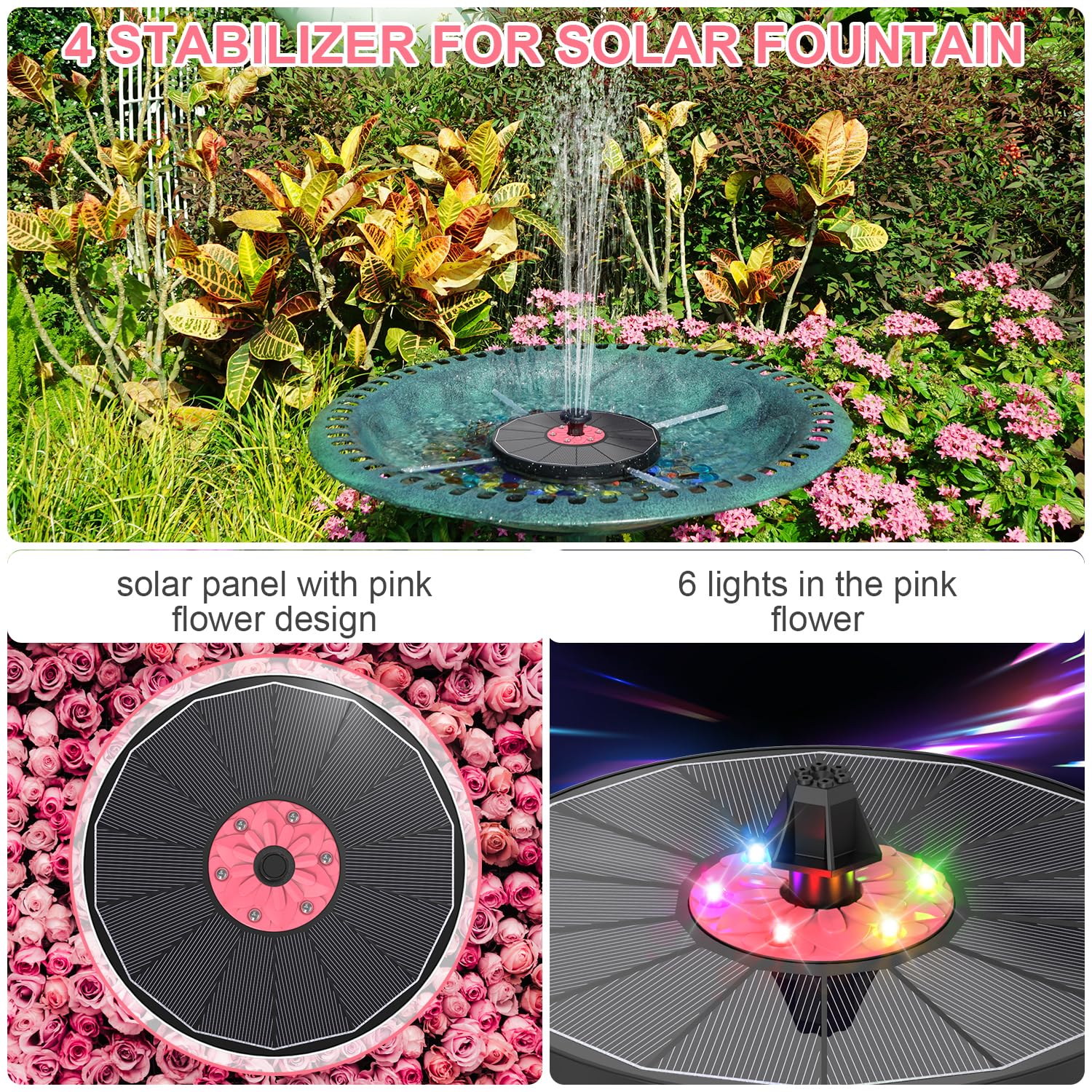 Yzert Solar Fountain Bird Bath Fountains with Colorful Light&Pink Flower,Solar Powered Water Fountain with 7 Nozzle & 4 Fixer,Solar Fountain Pump for Bird Bath, Pool, Garden, Pond(Black Panel)