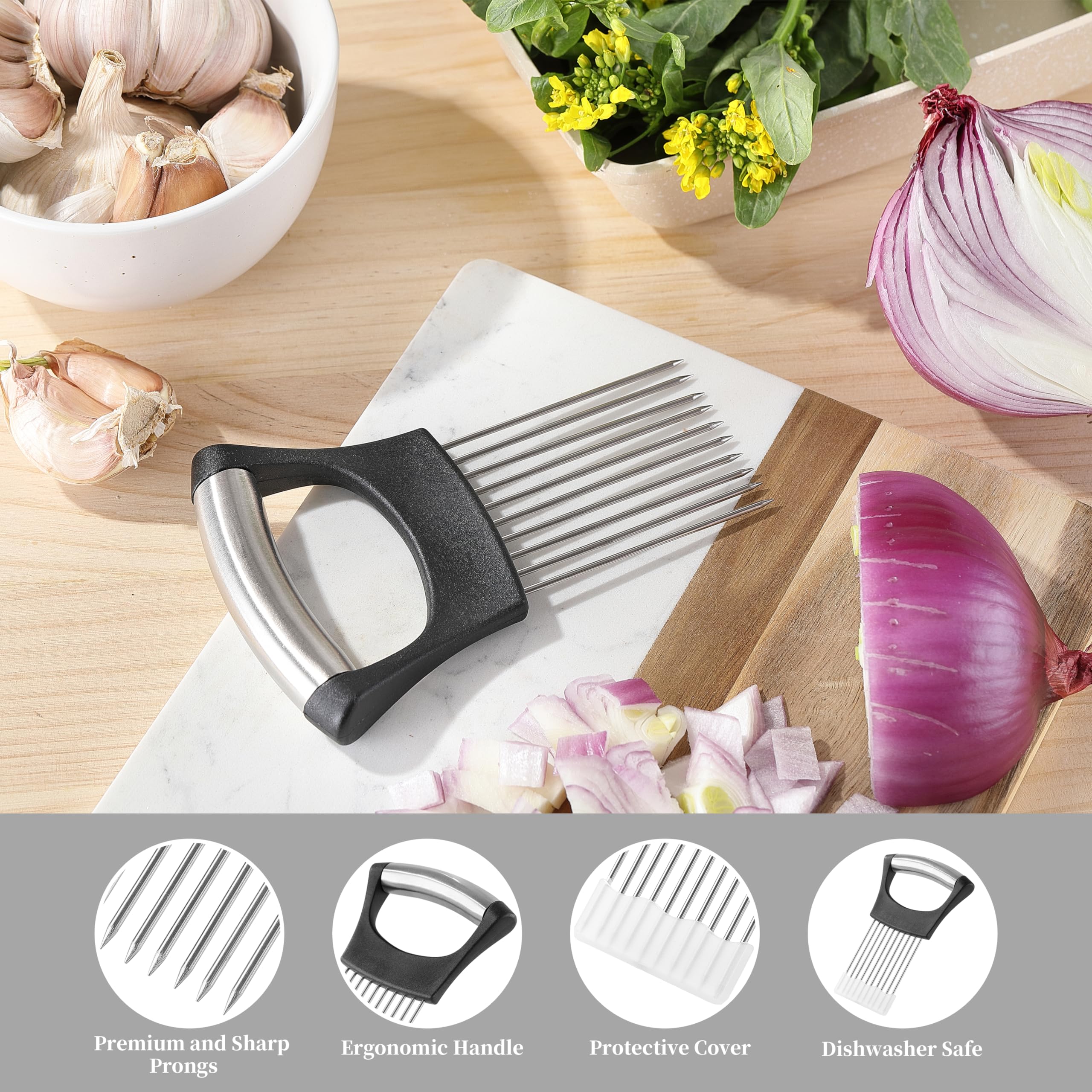 Onion Slicer, Mumulo Stainless Steel Onion Cutter for Slicing and Storage Onions, Tomato, Eggs and Vegetables, Protective Cover Included, Dishwasher Safe (Black)