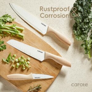 CAROTE 12PCS Knife set with Blade Guards,Granite Nonstick Ceramic Coating,Stainless Steel blade, Wooden Handle, Essential knife set,White