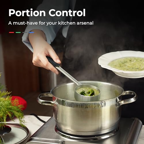 Portion Control Serving Spoons - Bariatric Must Haves - Ideal for Weight Watchers & Gastric Bypass - Set of 8 Ladles, 4 Sizes - Solid Bottom & Perforated/Slotted for Draining