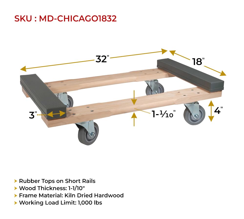 Mytee Products 2 Pack 32"x18" Rubber Caps Moving Dolly with 4" Non-Marking Swivel Caster Wheels 1000 lbs - Chicago Style Heavy Duty 4 Wheel Dolly Cart for Moving Industrial Heavy Loads, Furniture