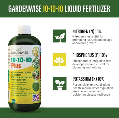 GARDENWISE 10-10-10 Fertilizer for All Purpose Plants - Liquid Fertilizer with Seaweed Kelp & Iron - Plant Food Outdoor & Indoor Plant Food, Vegetables, Flowers, Lawn & Garden 10 10 10 Fertilizer 8oz