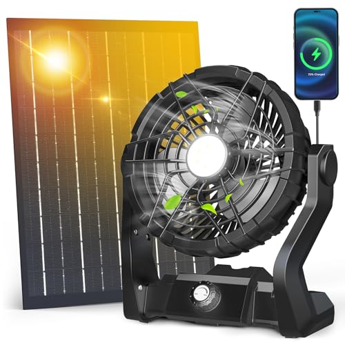 Drchop 7W Solar Fan Camping with Light, 10400mAh Solar Powered Fan, 9-Inch Outdoor Camping Fan for Tents, Rechargeable Fan Portable, Battery Powered Operated Fan, Travel Tent Fan, Camping Essentials