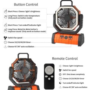 ADUST Camping Fan Battery Operated Powered Fan with LED Lantern Light 20000mAh Rechargeable Portable Fan, Oscillating Fan with 360° Rotation Hanging Hook for Tents, Cordless USB Desk Fan(Orange)