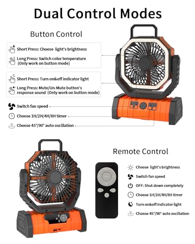 ADUST Camping Fan Battery Operated Powered Fan with LED Lantern Light 20000mAh Rechargeable Portable Fan, Oscillating Fan with 360° Rotation Hanging Hook for Tents, Cordless USB Desk Fan(Orange)