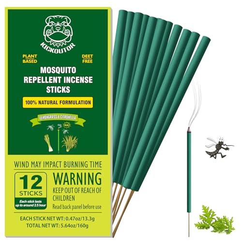 KICKOUTOR Mosquito Repellent Outdoor Patio 12 PCS Natural Citronella Mosquito Incense Sticks DEET Free Mosquito Barrier Repeller for Backyard Travel Camping Indoor Gnat Mosquito Control