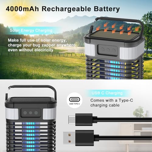 Solar Bug Zapper, 4200V Mosquito Zapper, Cordless & Rechargeable Bug Zapper Outdoor with LED Light, Portable Waterproof Electric Fly Zapper with Hook, for Patio Camping Backyard Garden