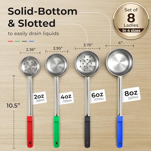 Portion Control Serving Spoons - Bariatric Must Haves - Ideal for Weight Watchers & Gastric Bypass - Set of 8 Ladles, 4 Sizes - Solid Bottom & Perforated/Slotted for Draining