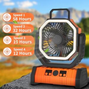 ADUST Camping Fan Battery Operated Powered Fan with LED Lantern Light 20000mAh Rechargeable Portable Fan, Oscillating Fan with 360° Rotation Hanging Hook for Tents, Cordless USB Desk Fan(Orange)