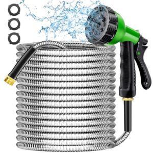 metal garden hose 100 ft - stainless steel water hose 100ft with 10 function nozzle, no kink, flexible, lightweight, puncture & rust proof metal garden hose for yard, rv, garden, outdoor