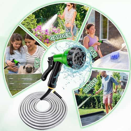 Metal Garden Hose 100 ft - Stainless Steel Water Hose 100ft with 10 Function Nozzle, No Kink, Flexible, Lightweight, Puncture & Rust Proof Metal Garden Hose for Yard, RV, Garden, Outdoor