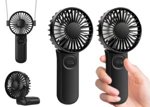 [2-packs portable handheld fan] personal hand held fan for travel, foldable eyelash neck fan with digital display, lanyard, 5 speeds, 180° adjustable, 3-12h working time, rechargeable battery operated