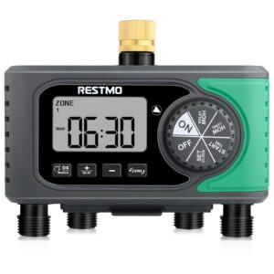 restmo 4-outlet sprinkler timer with brass inlet, 4 zone programmable water timer for garden hose, automatic digital control | manual on/off | rain delay, for outdoor faucet, drip irrigation and lawn