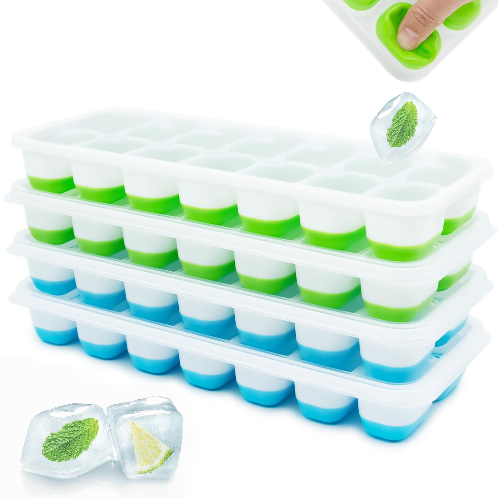 LEUCATH Ice Cube Trays 4 Pack, 56 pcs Ice Cube with Leak-Resistant Removable Lid, BPA Free, for Freezer, Stackable Ice Trays with Covers for Cocktail, Whiskey, Coffee, Fruit Drinks, Baby Food