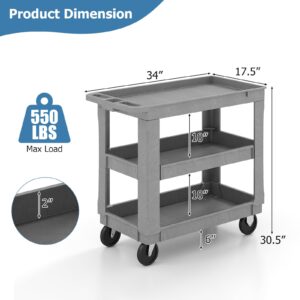 Goplus Service Utility Cart, 3-Tier Heavy-Duty PP Rolling Cart with 550 LBS Capacity, 2 Universal Wheels, Ergonomic Handle, Multi-Functional Work Carts for Garage, Kitchen, Hotel, Office, Warehouse