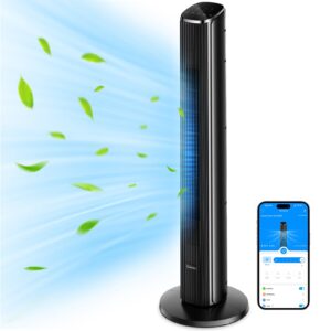 goveelife 36 inch tower fan for bedroom, smart oscillating floor fans with temperature sensor, app & voice remote, 5 modes 8 speeds up to 25ft/s, 24h timer, 29db quiet fan for cooling home office