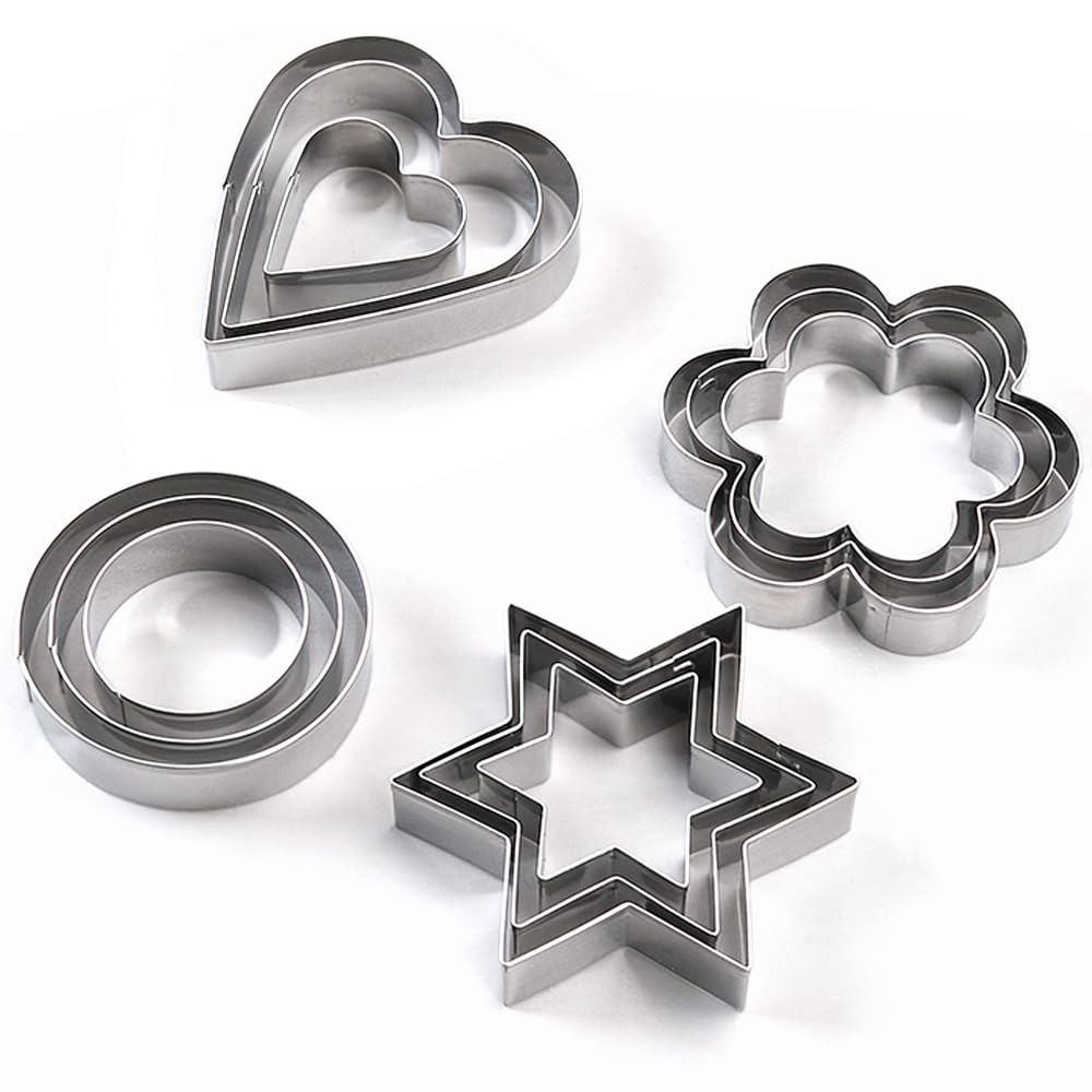 Mikim Mini Cookie Cutters Heart Round Flower Star, 12Pcs Cookie Cutters Shapes Set Stainless Steel Fruit Veggie Cutter, Small Metal Biscuit Cutter Molds for Baking