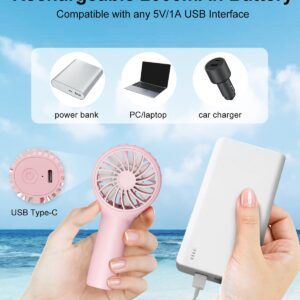 Zuvas Mini Portable Fan Rechargeable Small Handheld Fan 3 Speed Powerful Personal Fan Battery Operated USB Hand Fan for Outdoor Travel Makeup Eyelash Girls Children, Pink