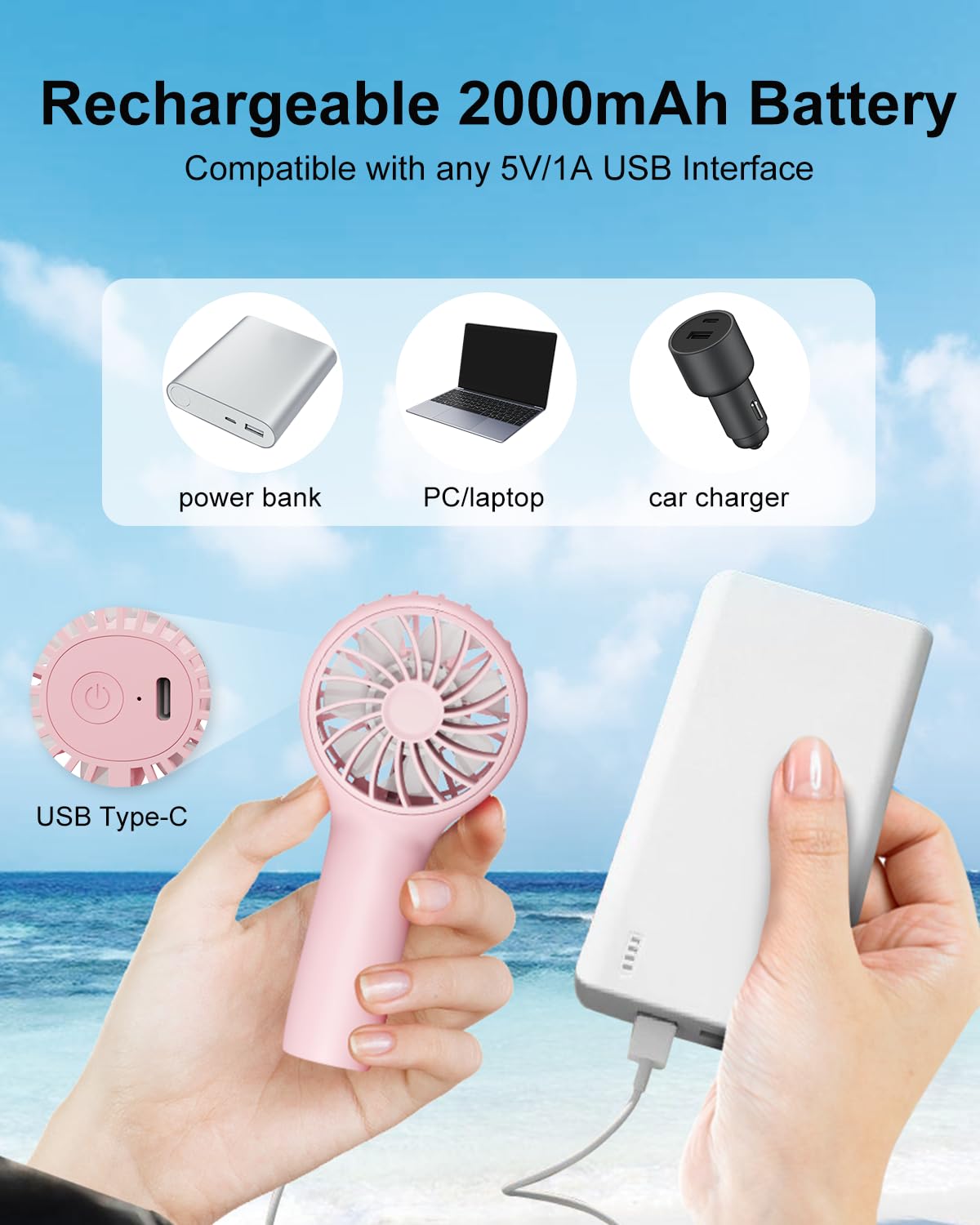 Zuvas Mini Portable Fan Rechargeable Small Handheld Fan 3 Speed Powerful Personal Fan Battery Operated USB Hand Fan for Outdoor Travel Makeup Eyelash Girls Children, Pink