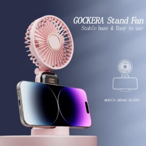 GOCKERA Portable Fan, 4200mAh Battery Operated Fan, 5 Speeds&Digital Display, 180° Foldable Makeup Fan for Women with Base, Handheld/Neck/Desk 3in1 Fan for Outdoor Indoor,Ultra Quiet (Pink)