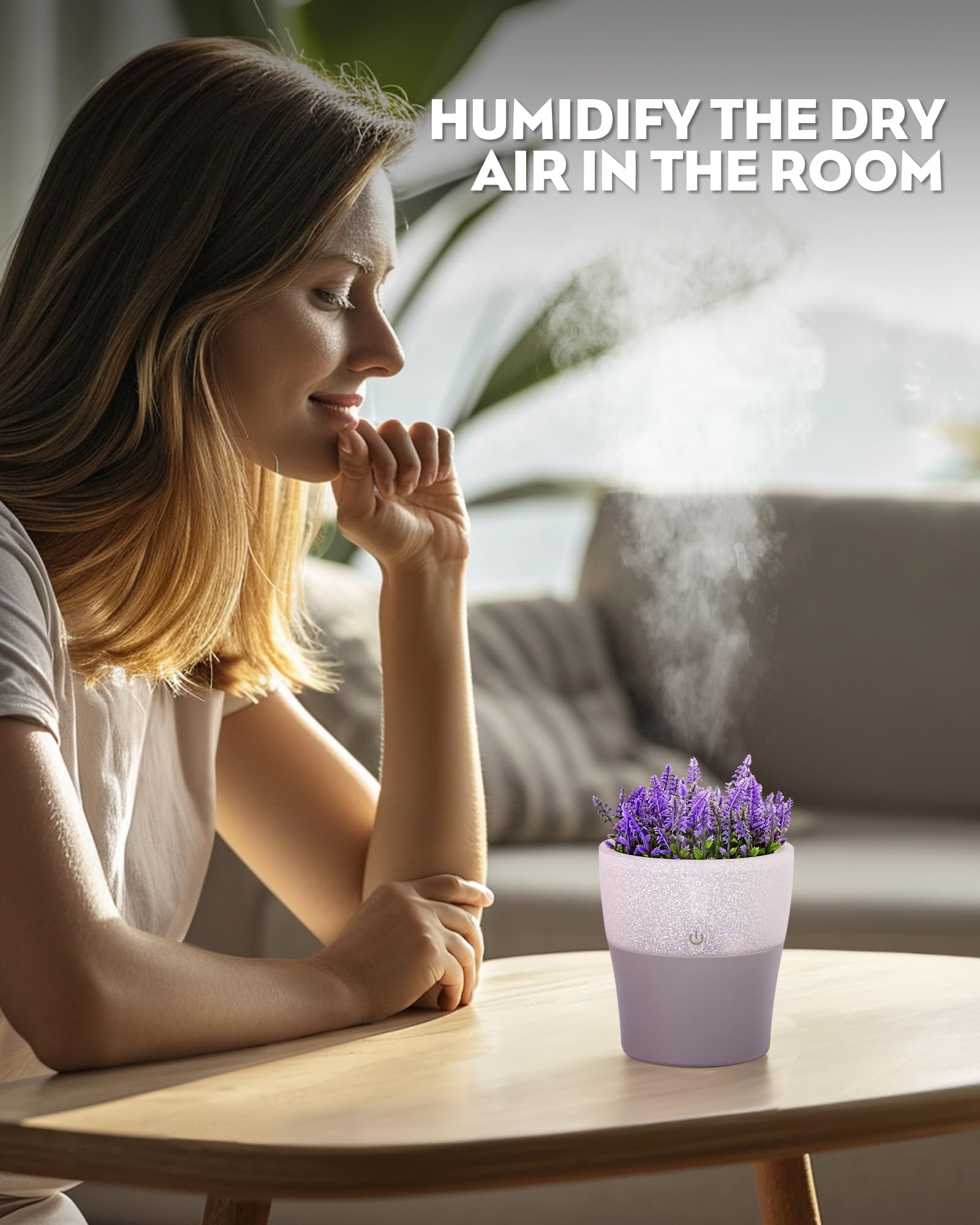 Small Humidifier For Plants, Mini Humidifiers For Bedroom Home, Lavender plant Cool Mist Humidifiers, 150m personal humidifier, Super Quiet And Waterless Auto Shut Off