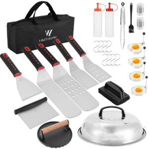 vikeyhome griddle accessories kit, 28 pcs griddle grill tools set, professional grill bbq spatula set with basting cover, spatula, scraper, bottle, tongs, egg ring