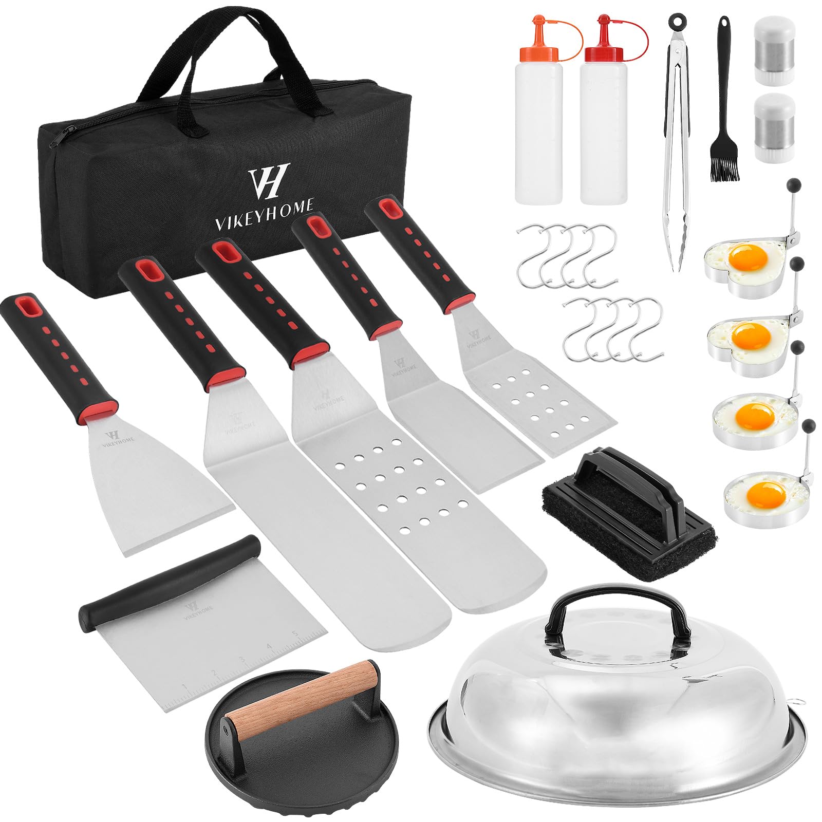 VIKEYHOME Griddle Accessories Kit, 28 Pcs Griddle Grill Tools Set, Professional Grill BBQ Spatula Set with Basting Cover, Spatula, Scraper, Bottle, Tongs, Egg Ring