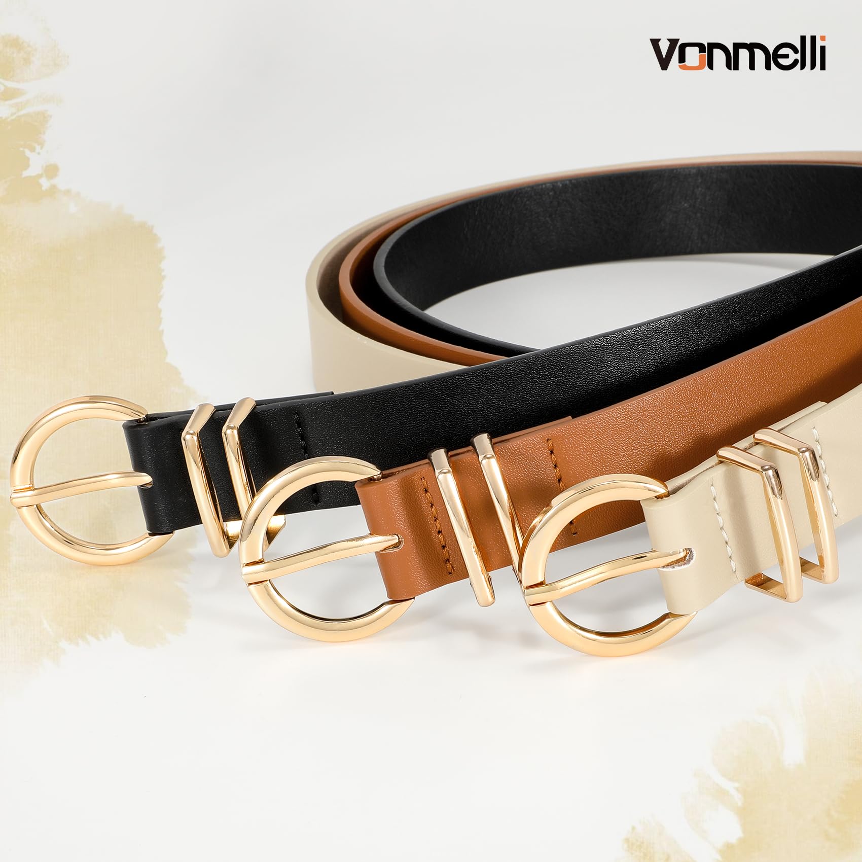 VONMELLI 3 Pack Women's Leather Belts for Jeans Dresses Ladies Waist Belt with Fashion Gold Buckle Black Beige Brown S