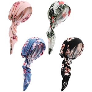 halfchet 4 pieces chemo headwear for women cancer hats pre tied chemo caps soft cotton elastic head scarf for cancer patients (floral pattern)