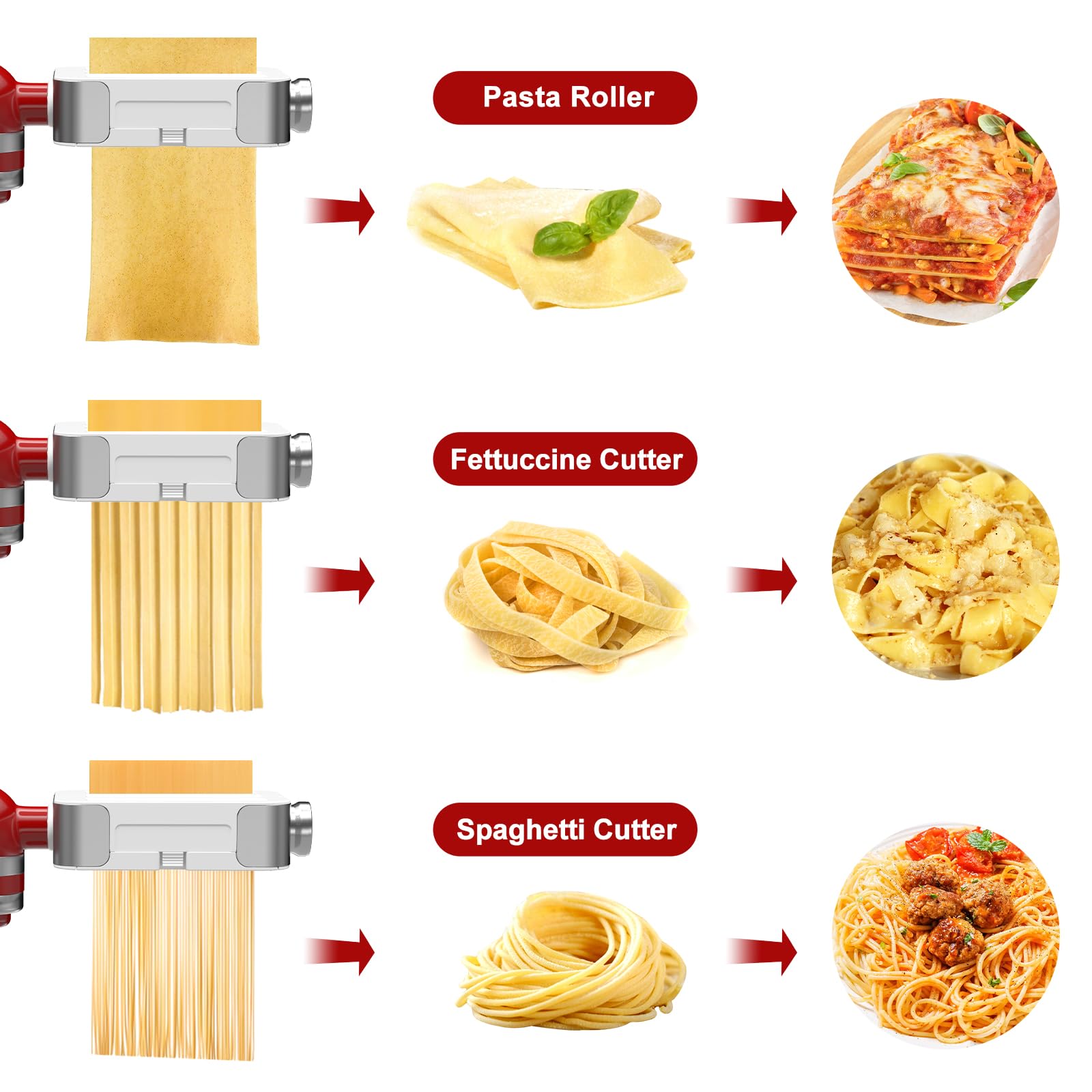 Metal Pasta Maker Attachment 3 in 1 Pasta Roller & Cutters Set for All KitchenAid Stand Mixers Included Pasta Sheet Roller, Spaghetti Cutter, Fettuccine Cutter Maker Accessories and Cleaning Brush